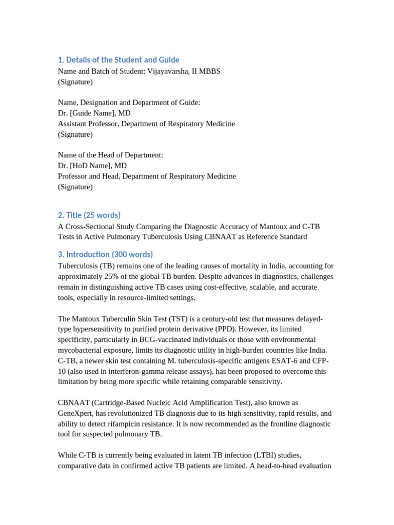 ICMR STS Proposal Mantoux Vs CTB | PDF | Tuberculosis | Clinical Medicine