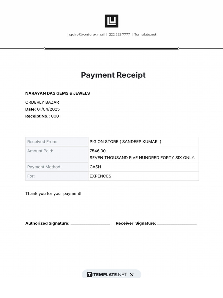 Simple Payment Receipt Template | PDF