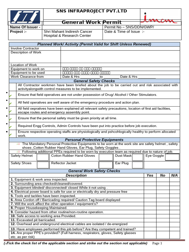Doc. No.-SNS - HSE-General Work Permit | PDF | Personal Protective ...