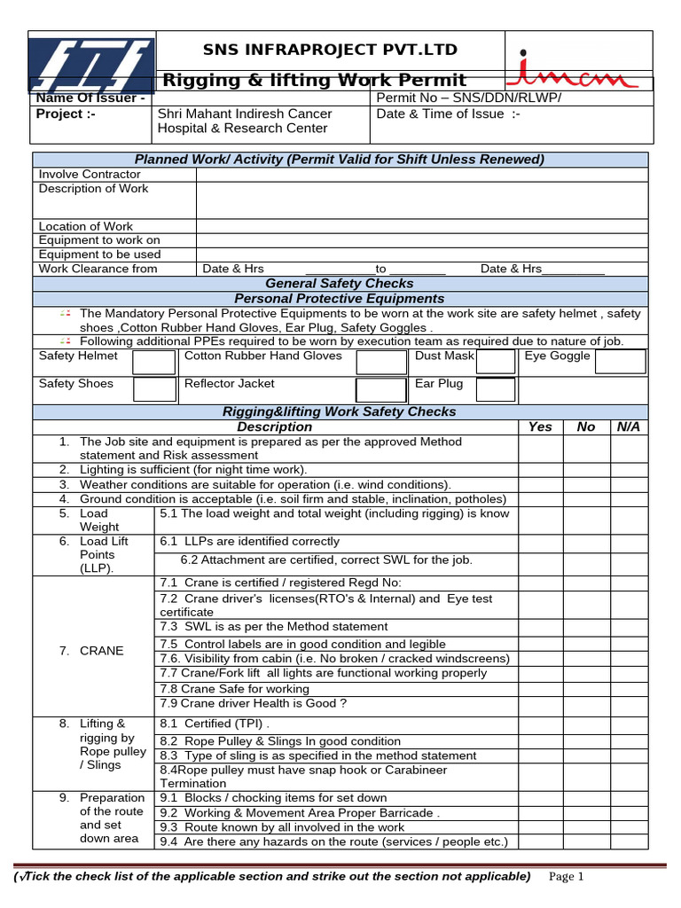 Doc. No.-SNS -HSE-Rigging Or lifting Work Permit | PDF | Crane (Machine ...