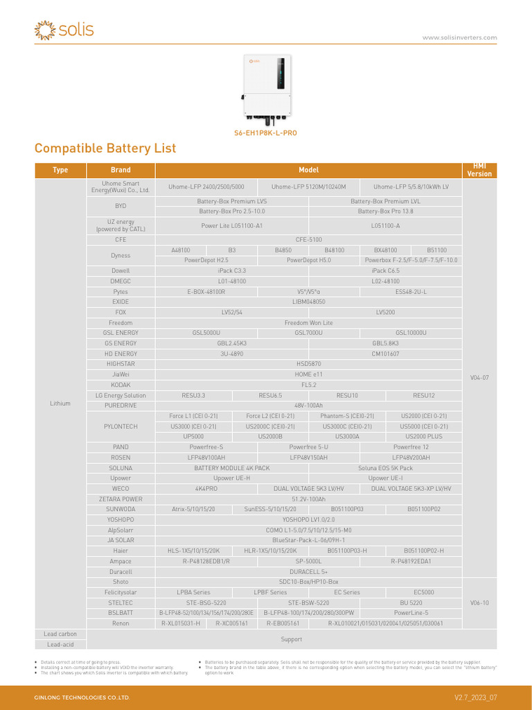 Solis +leaflet Battery+Matching S6-EH1P8K-L-PRO V2.6 2023 07 | PDF | Galvanic Cells