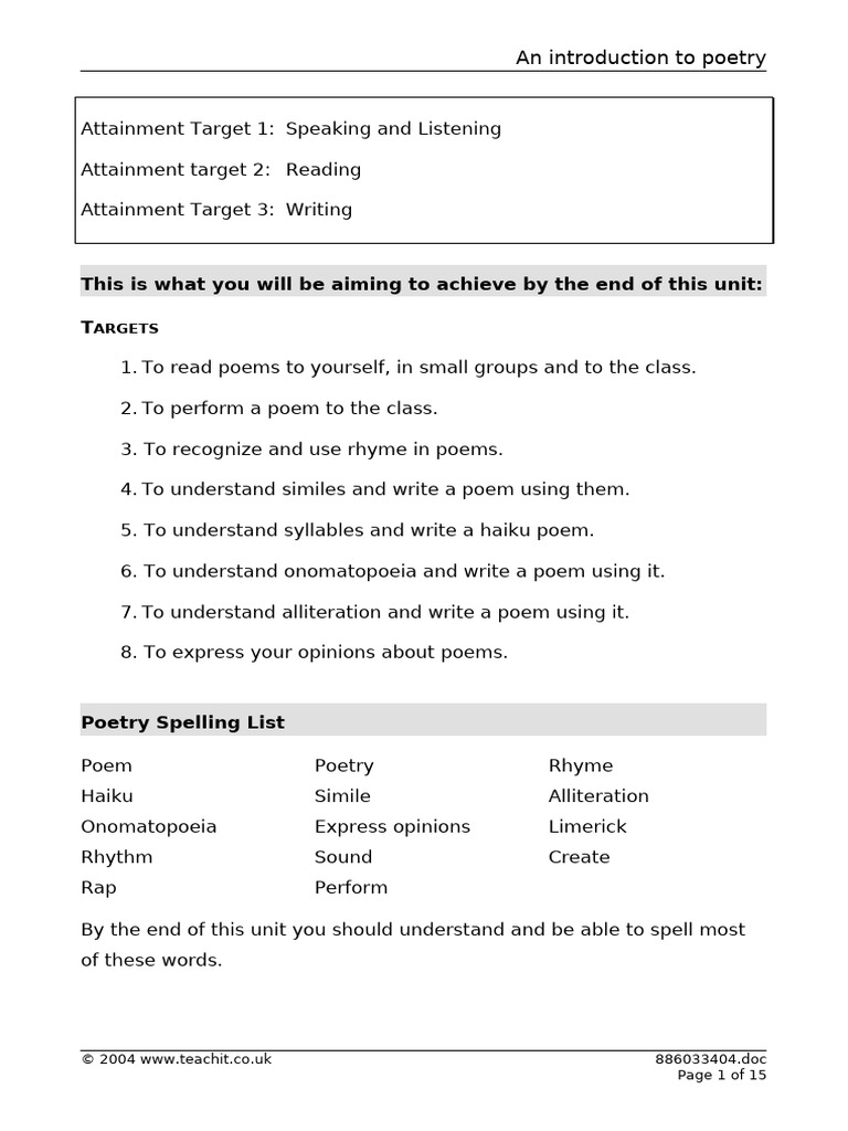 Poetry Scheme of Work - Teachit | PDF | Poetry | Rapping