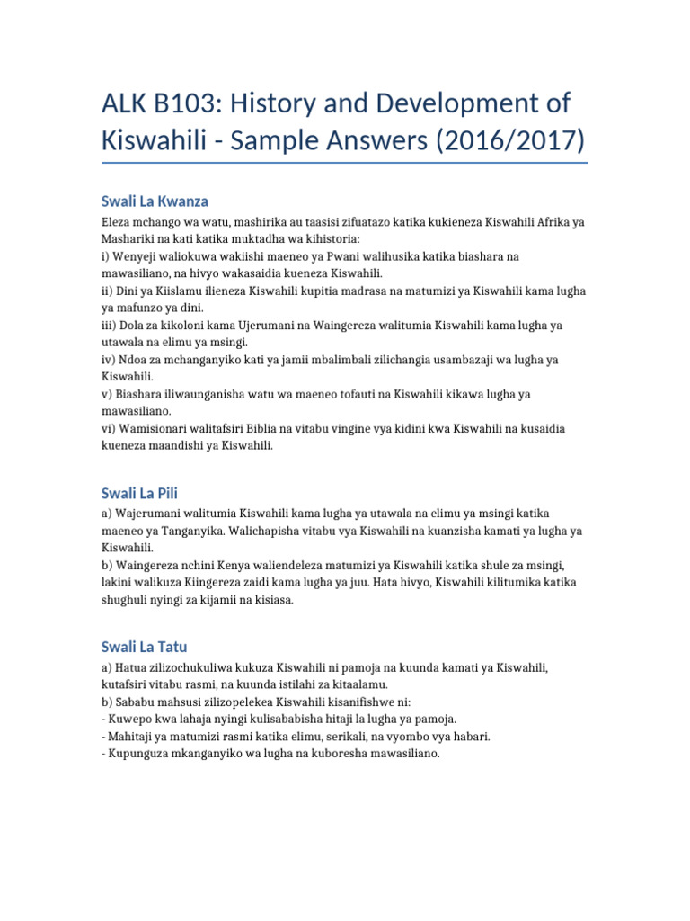 ALK B103 Kiswahili 2016 Answers | PDF