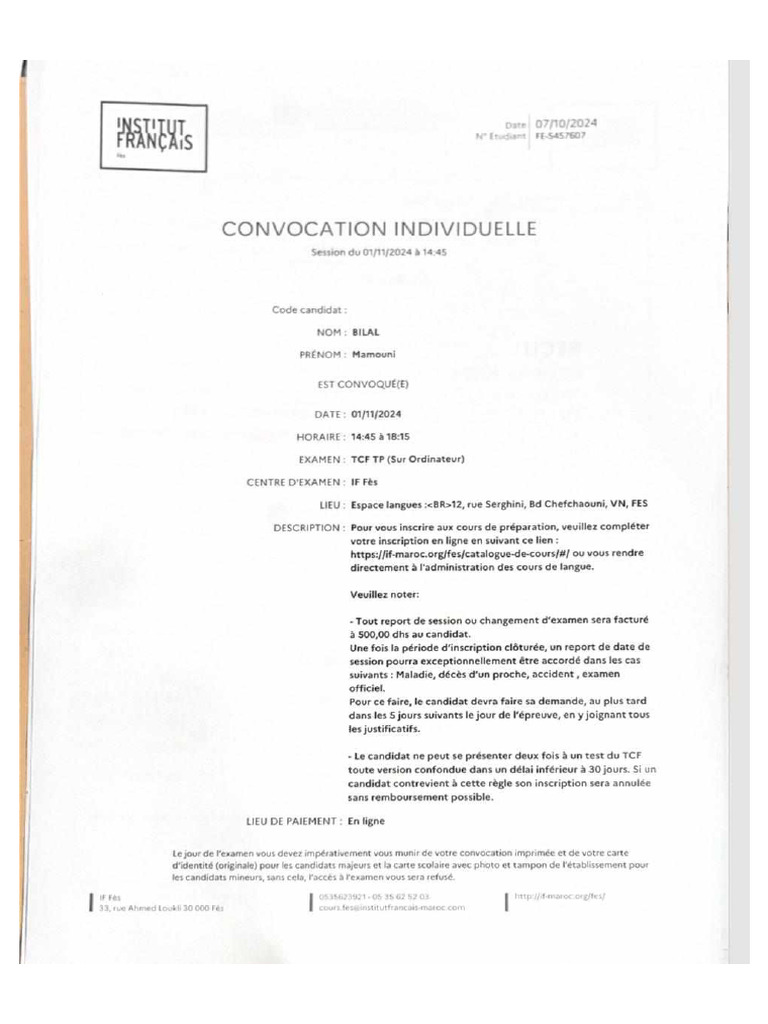 TCF Exemple Convocation | PDF