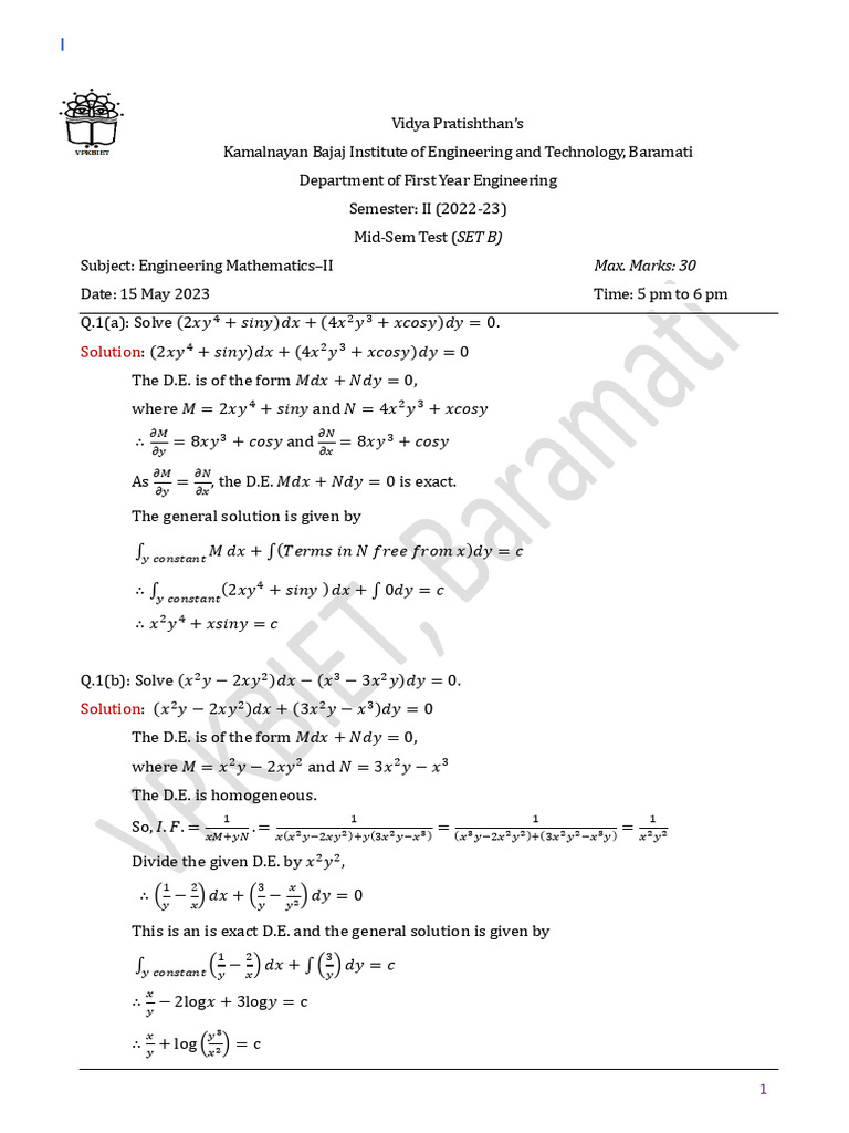 Engineering Mathematics II Mid-Sem Test Solutions | PDF | Electrical ...