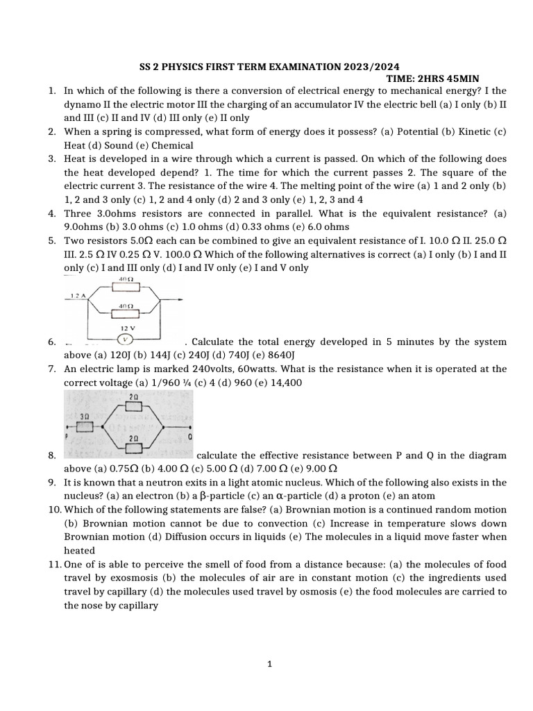 SS 2 Physics First Term Examination 2023 | PDF | Mass | Acceleration
