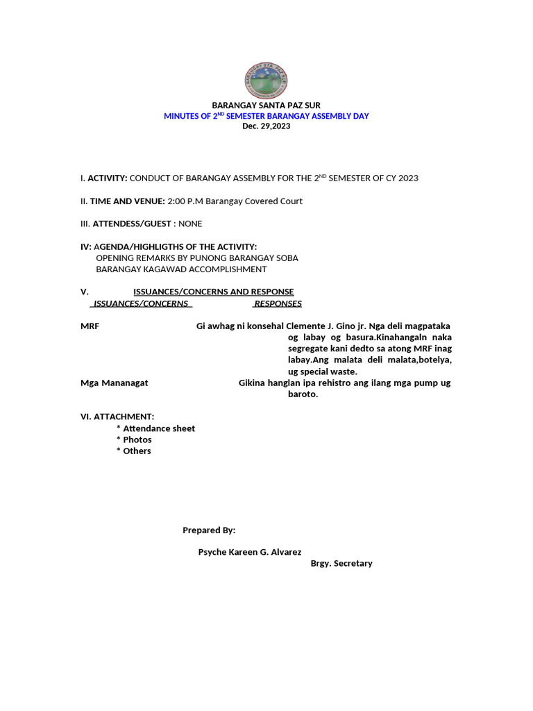 Minutas Brgy. Assembly | PDF