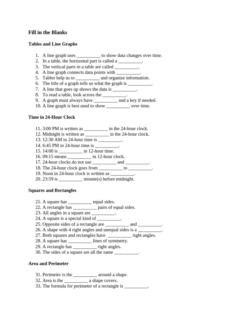 Educational Fill-in-the-Blank Exercises | PDF | Rectangle | Area