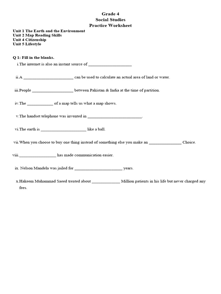 SST Practice Worksheet Grade 4 | PDF