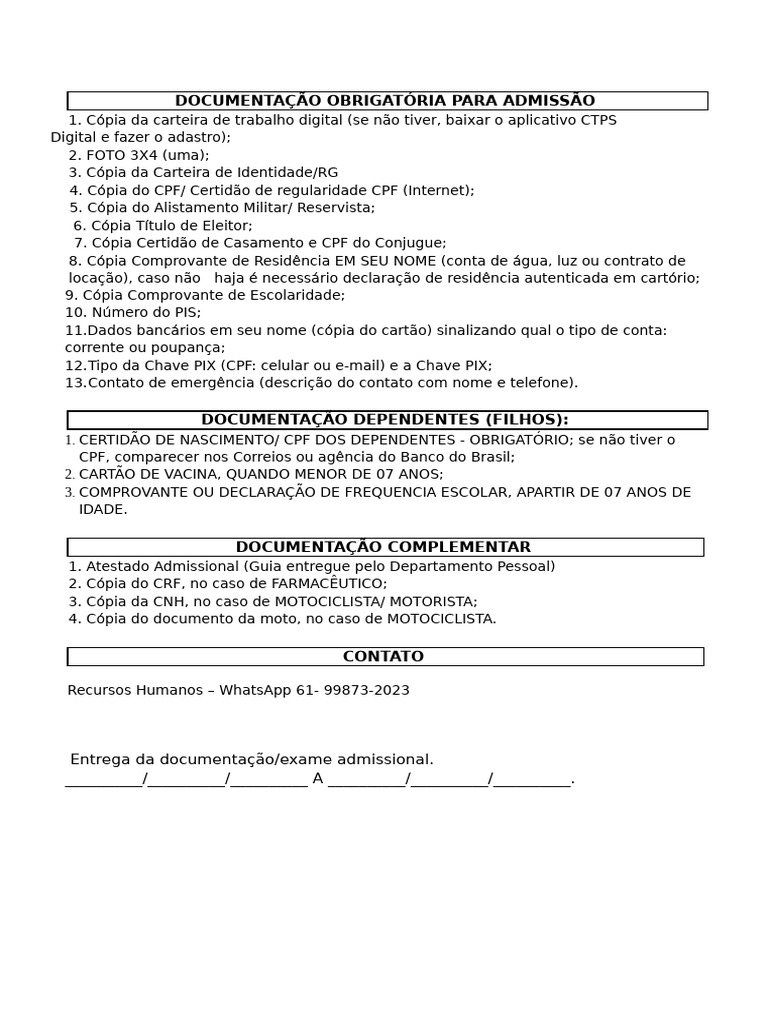 Documentos Admissão 2025 | PDF