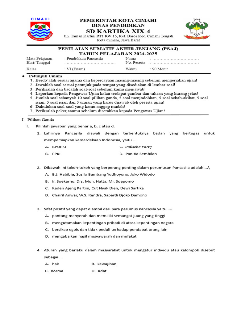 Soal PSAJ Pancasila Kurmer 24-25 | PDF