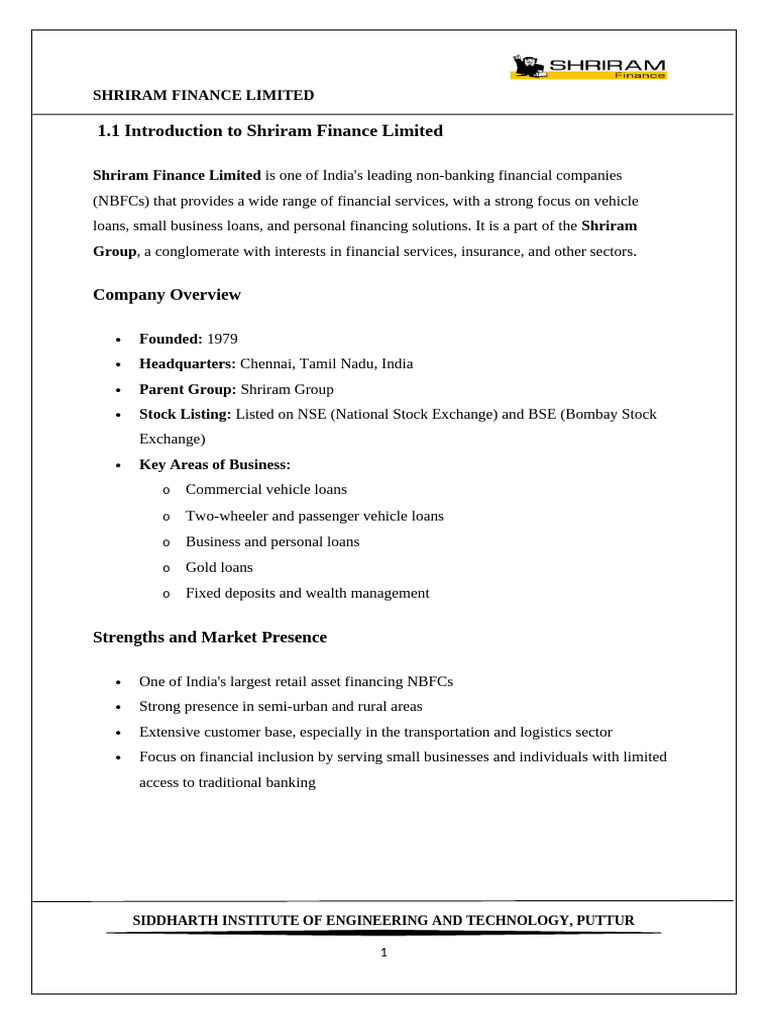 Overview of Shriram Finance Limited | PDF | Non Bank Financial ...