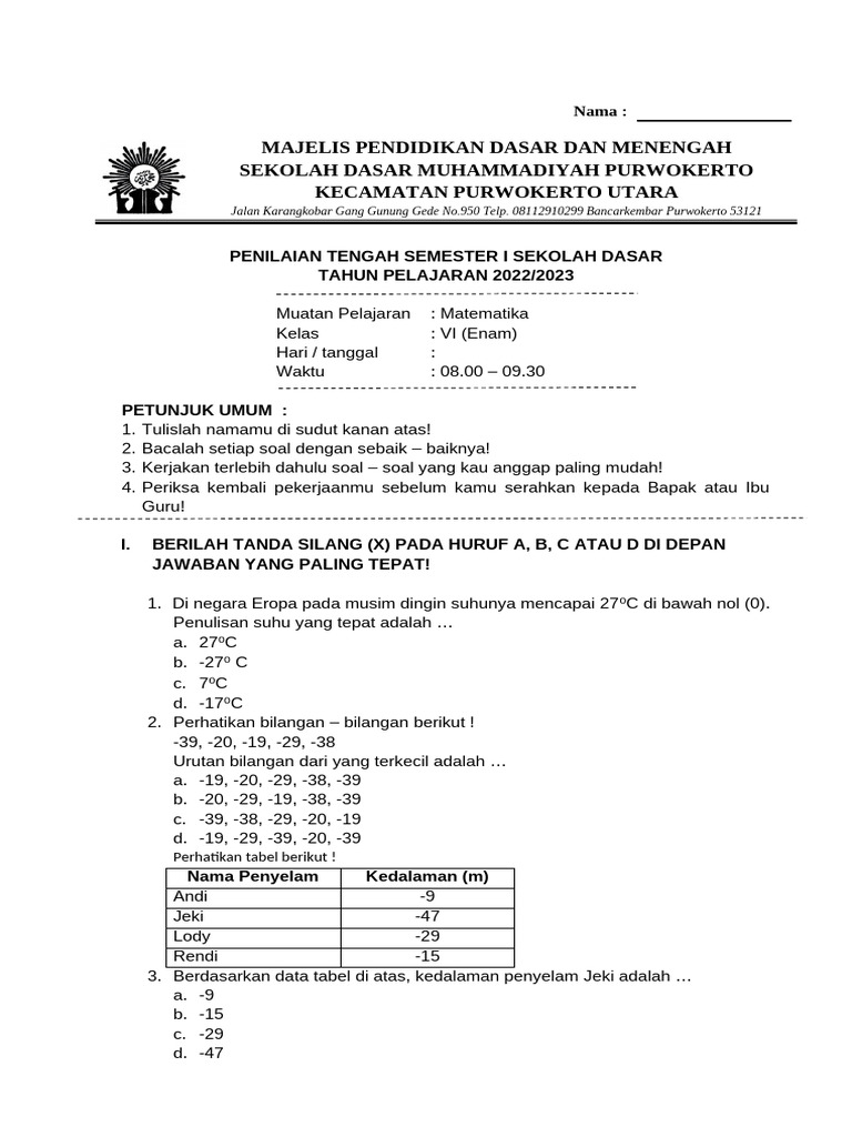 SOAL PTS KELAS 6 K13 MATEMATIKATH 2022-2023 | PDF