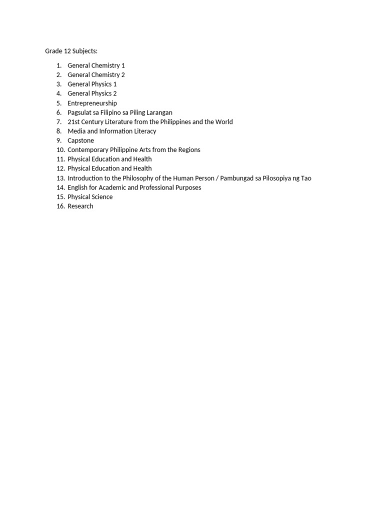 Grade 12 Subjects Overview Philippines | PDF