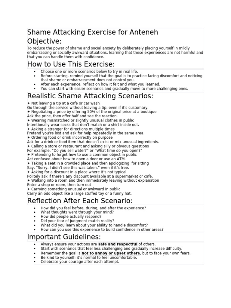 Shame Attaking Exersise For Anteneh | PDF | Psychology | Behavioural Sciences