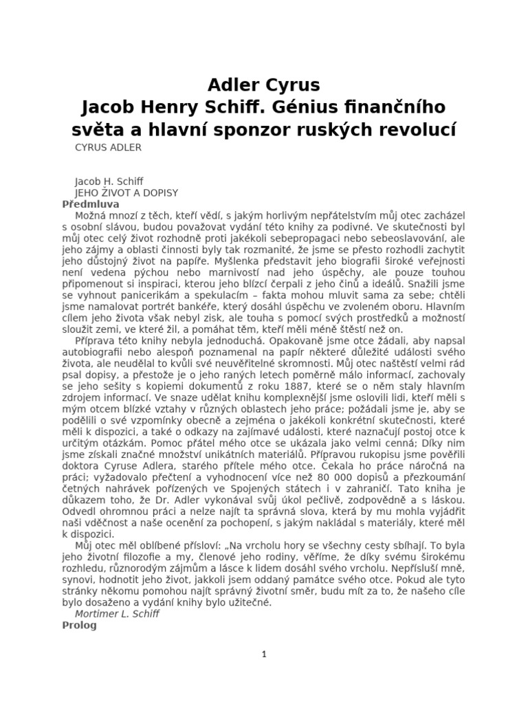 Adler Cyrus - Jacob Henry Schiff. Génius Finančního Světa A Hlavní ...