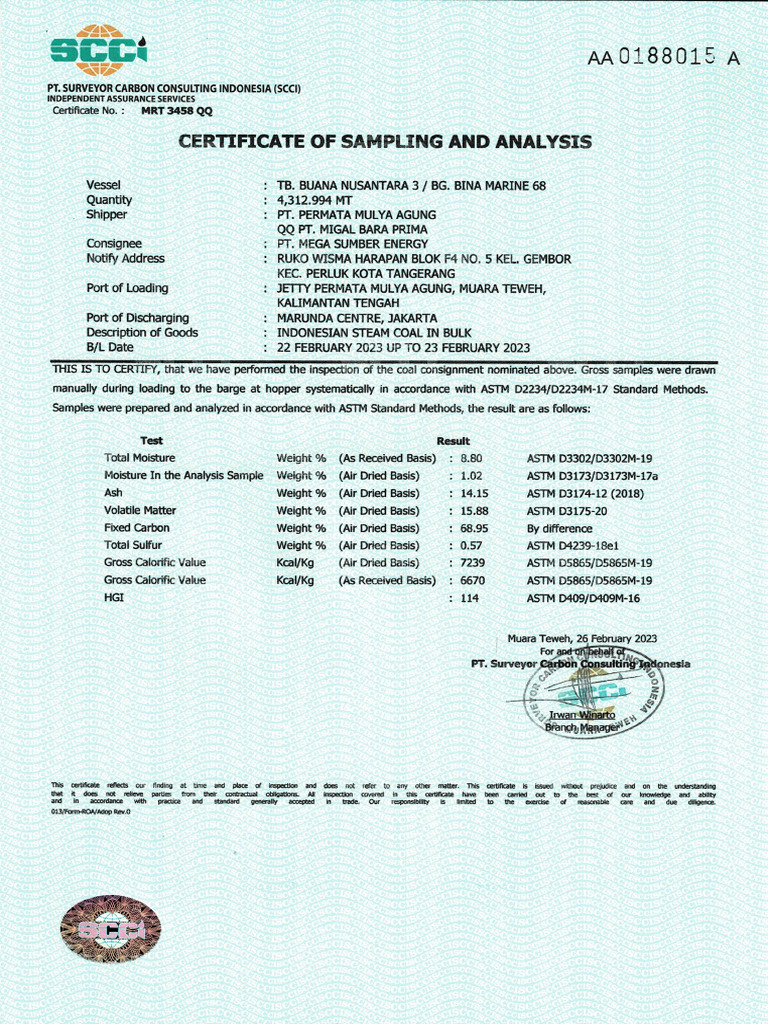 CoA CoW Certificate MRT 3458 QQ_PT. PMA_BG. BINA MARINE | PDF