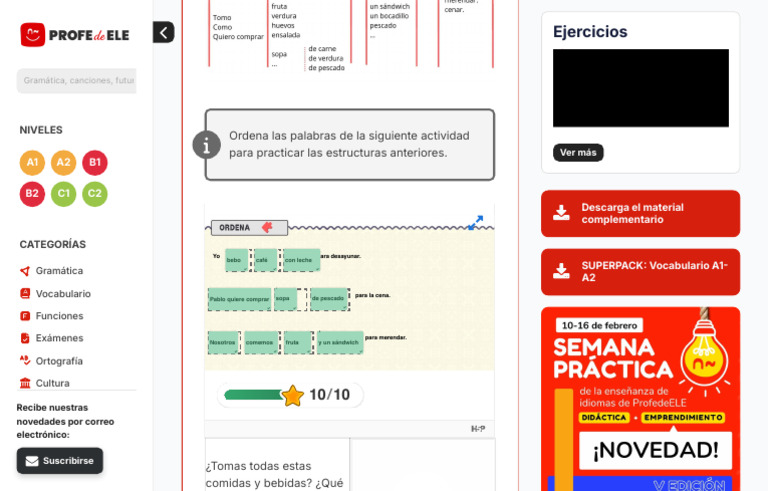 Aprende Vocabulario de Comida y Bebida en Español Ejercicios A1 2 | PDF