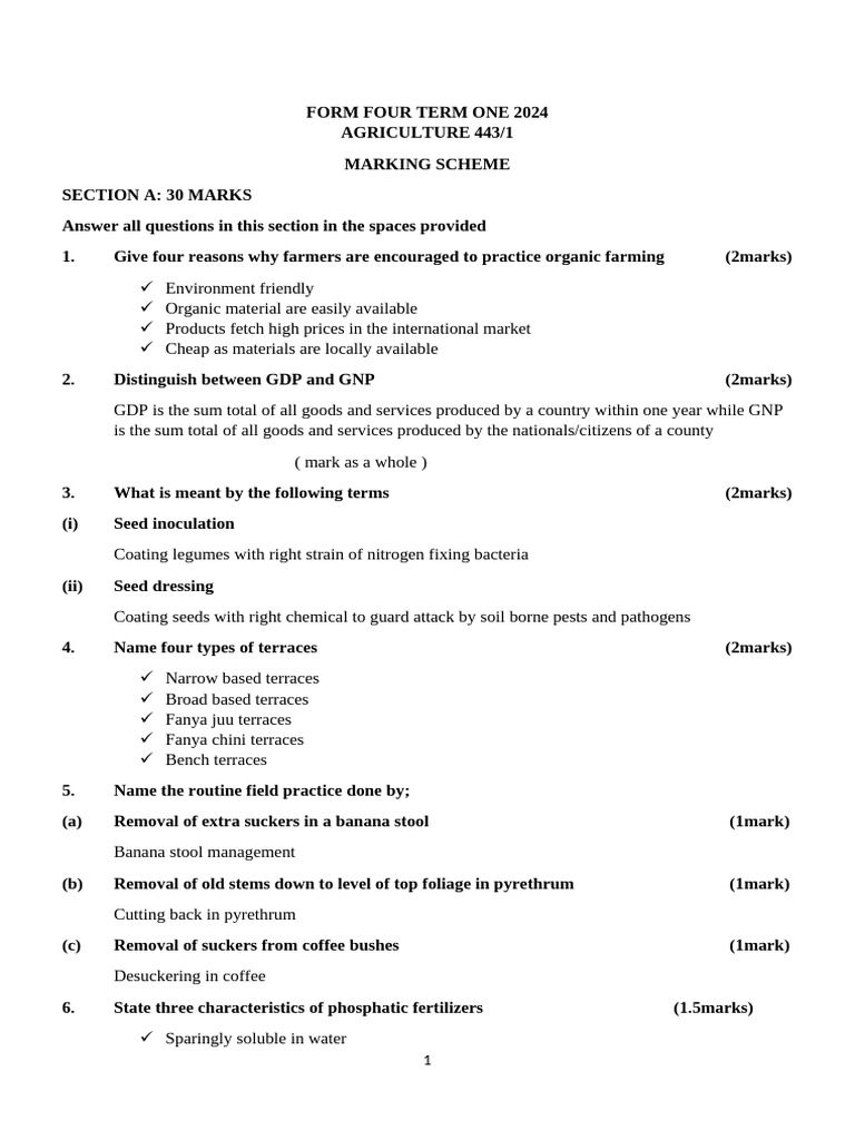 Form 4 Agriculture - Paper 1 - Marking Scheme | PDF | Balance Sheet | Agriculture