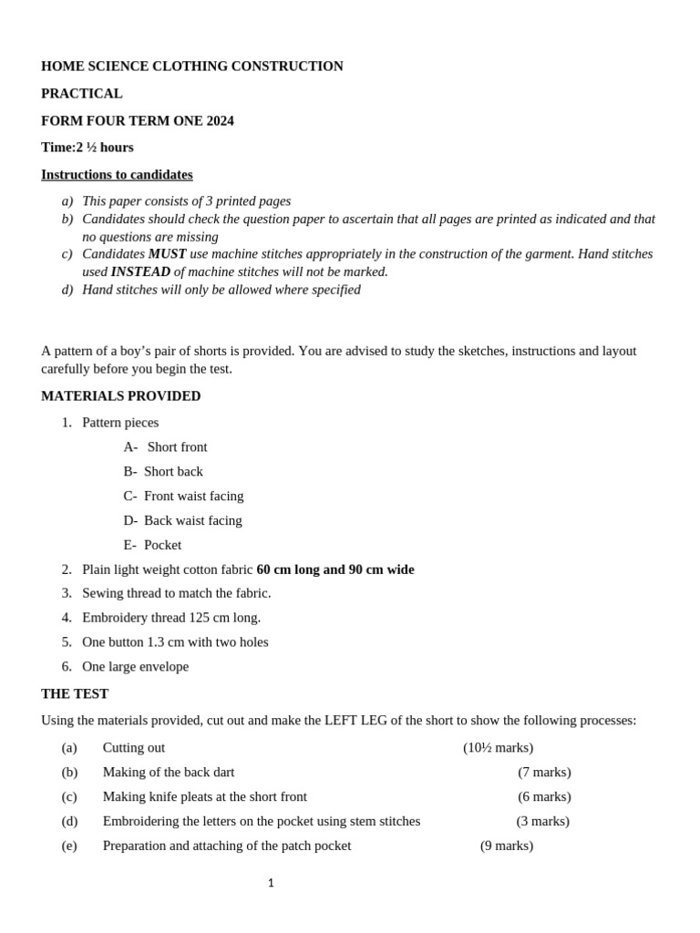Form 4 - Home Science - Paper 2 - Question Paper | PDF | Seam (Sewing ...
