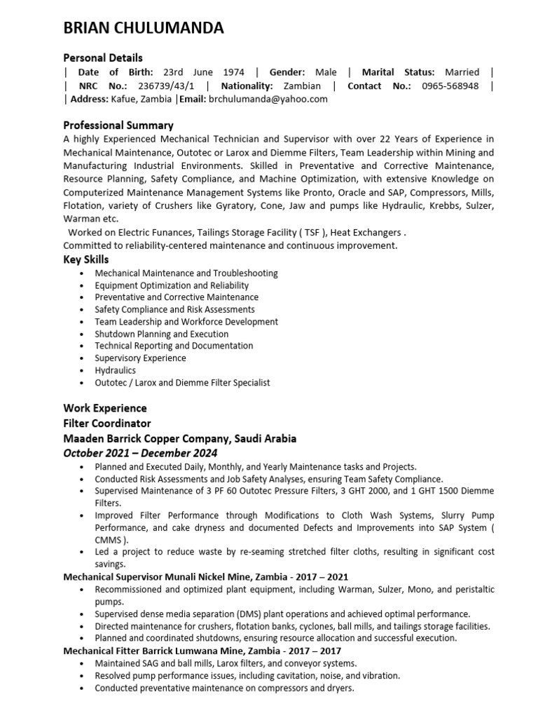 MR Brian Chilumanda CURRICULUM VITAE-1 1 (3) - 1 | PDF | Pump ...