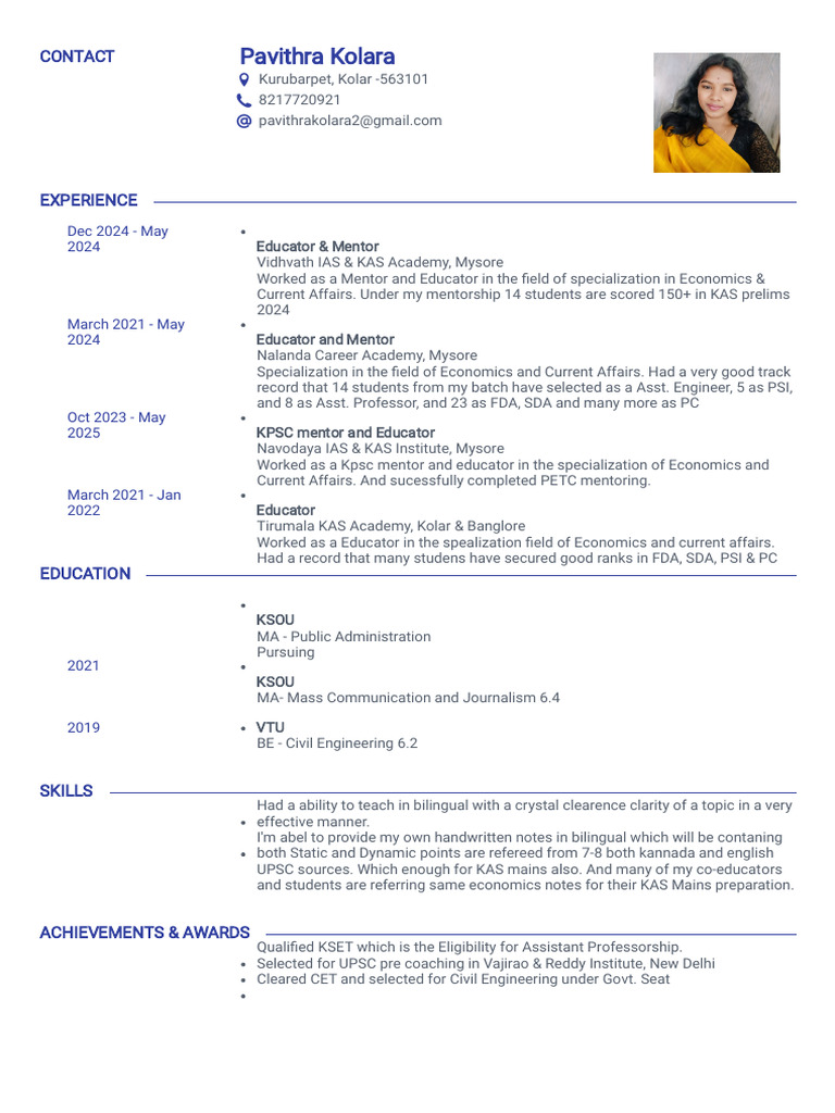 Pavithra Kolara CV - Economics | PDF
