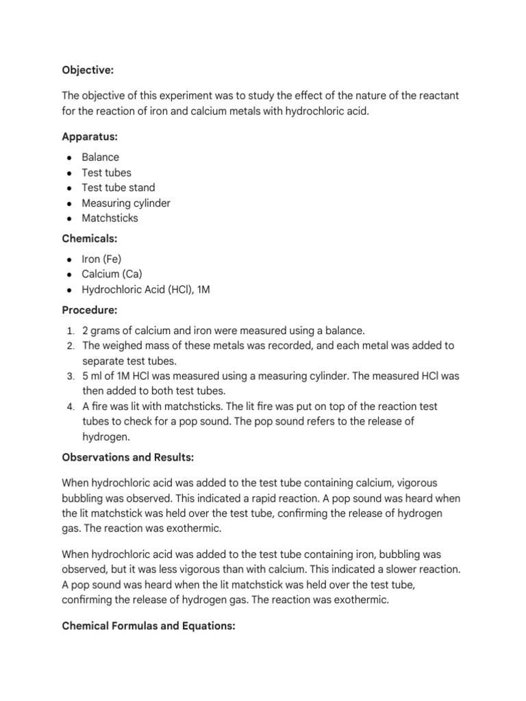 Laboratory Report - Reaction of Iron and Calcium With Hydrochloric Acid ...