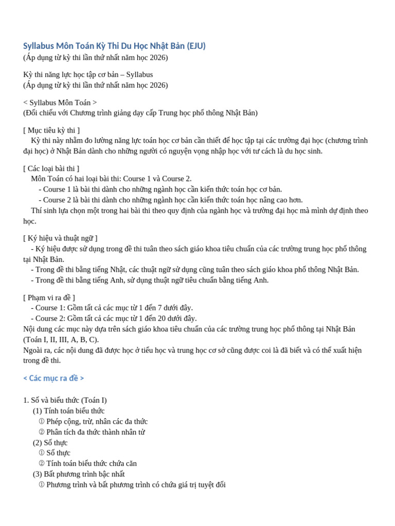 Syllabus Toan EJU 2026 | PDF