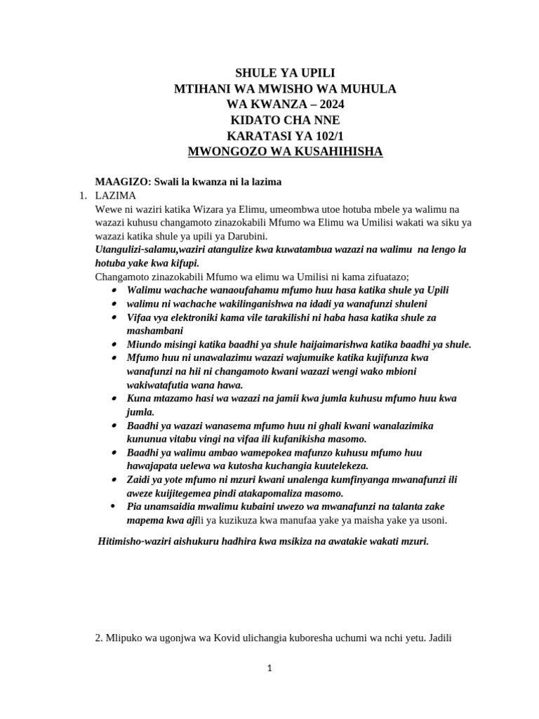 Form 4 Kiswahili - Paper 1 - Marking Scheme | PDF