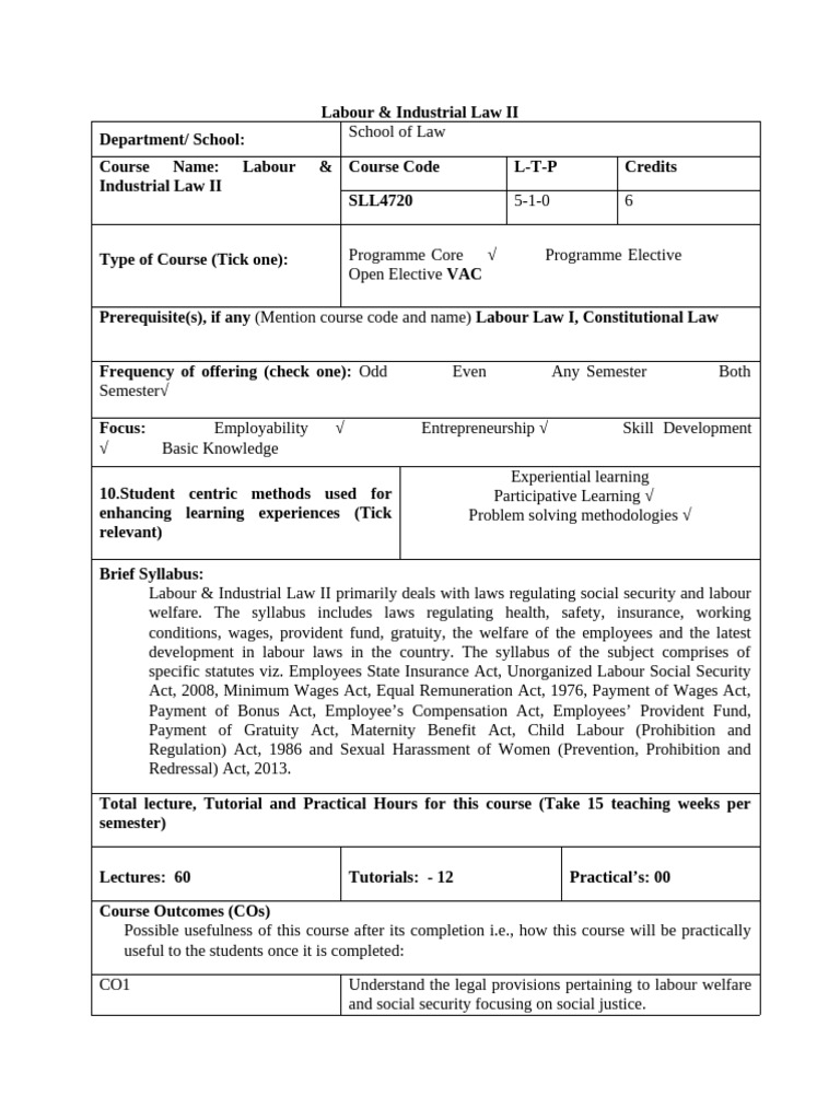 Labour & Industrial Law II Syllabus | PDF | Employment | Labour Law