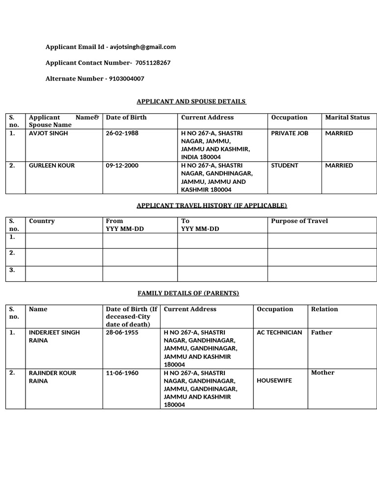 Avjot's Applicant Information Form | PDF