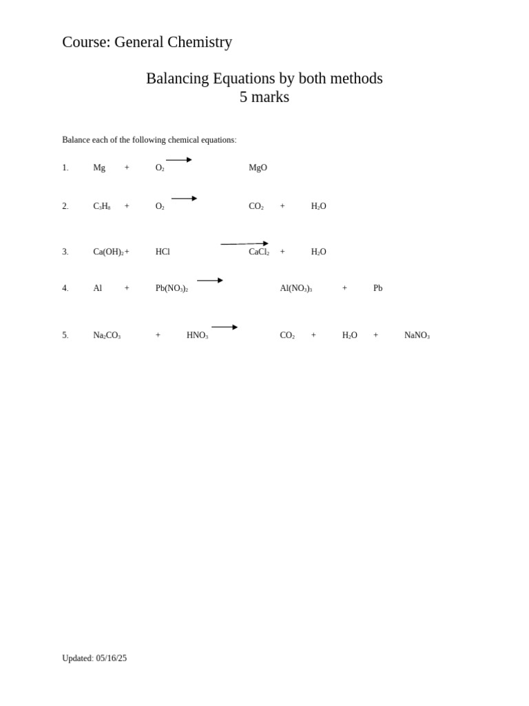 Balancing Equations Worksheet 1 | PDF