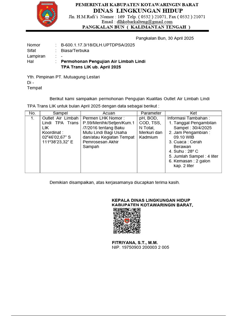 Surat Permohonan Pengujian Air Lindi Tpa Trans Lik April 2025 | PDF