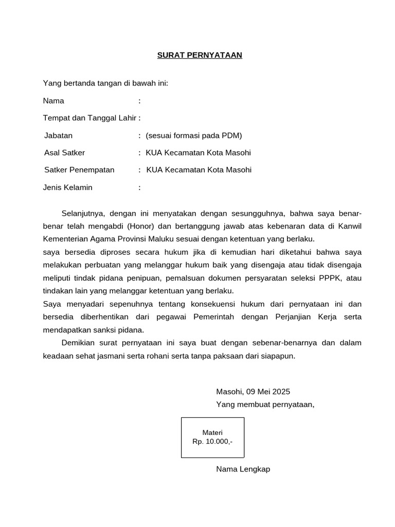 Surat Pernyataan CPPPK Materai | PDF