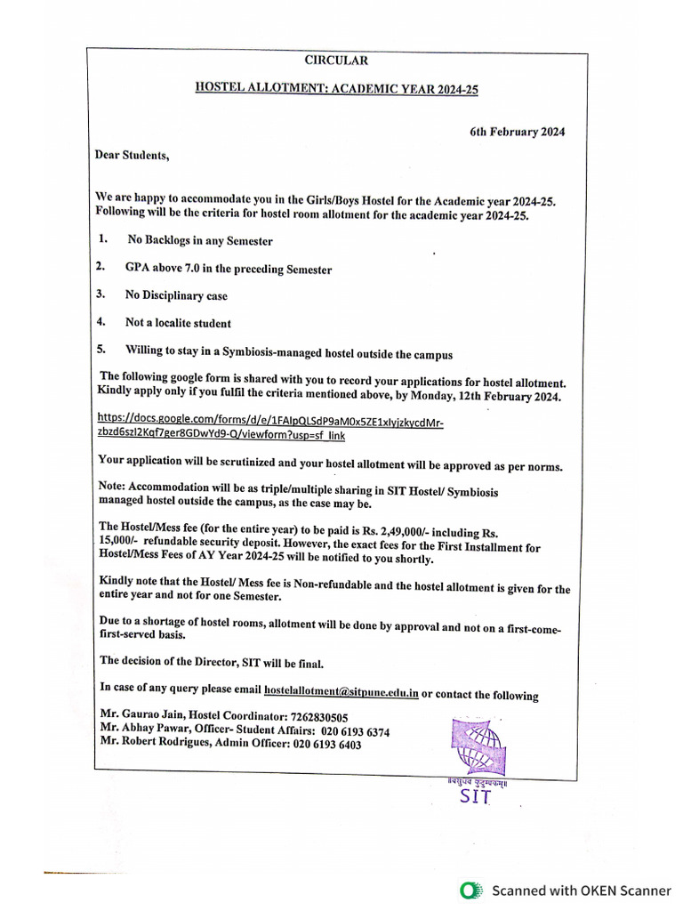 Hostel Allotment Circular 2024-25 | PDF