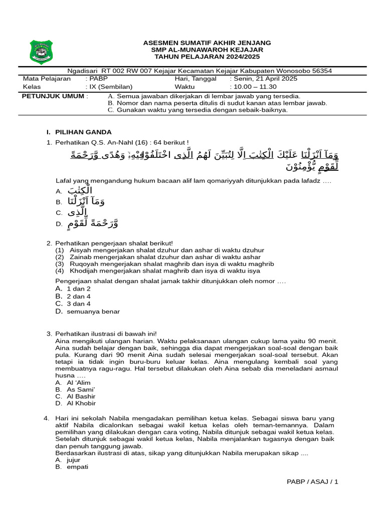 SOAL ASAJ PABP TP.2024-2025 | PDF