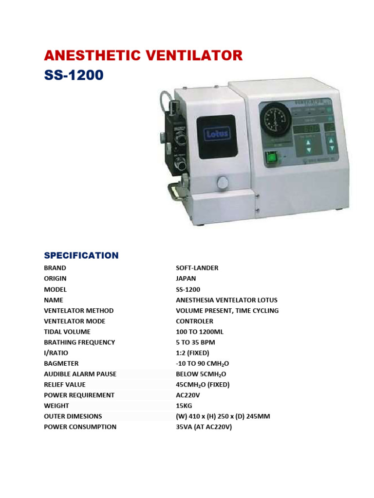 Anesthetic Ventilator SS-1200 Specs | PDF