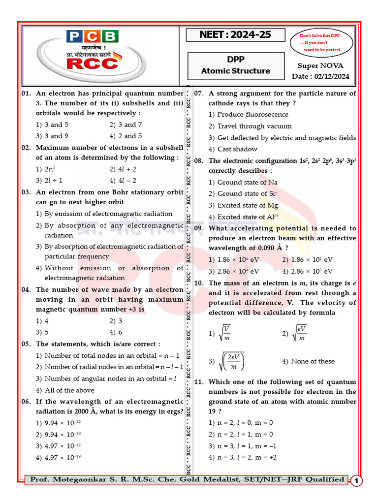 Rep. S. Nova DPP - Atomic Structure (02-12-24) | PDF | Electron ...