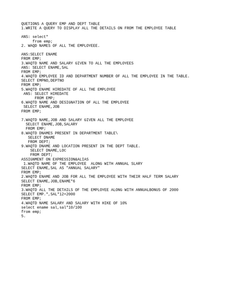 Quetions A Query Emp and Dept Table | PDF