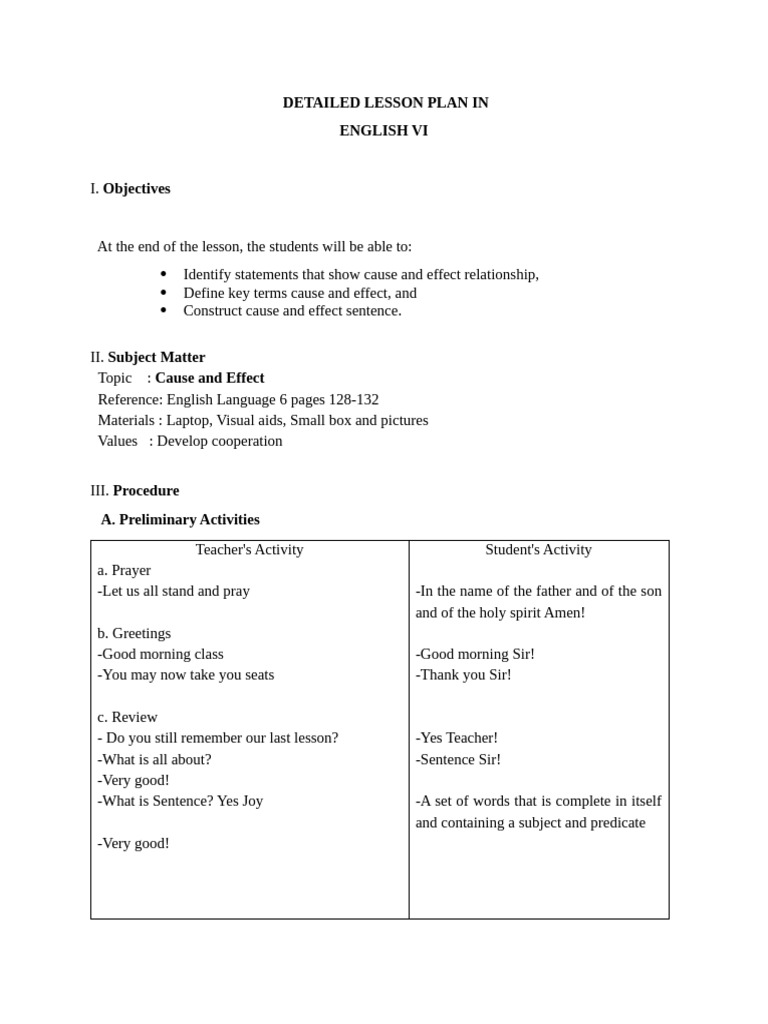 DETAILED LESSON PLAN IN | PDF | Lesson Plan | Causality