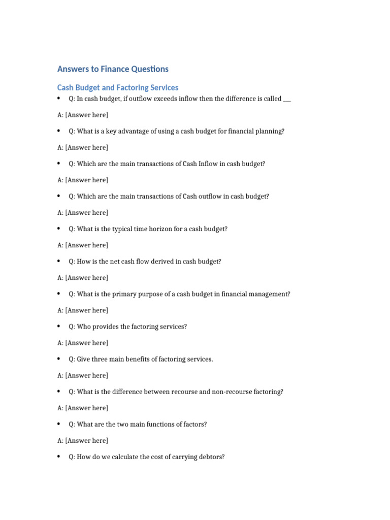 Finance Q&A: Cash Budget & Valuation | PDF | Discounted Cash Flow ...