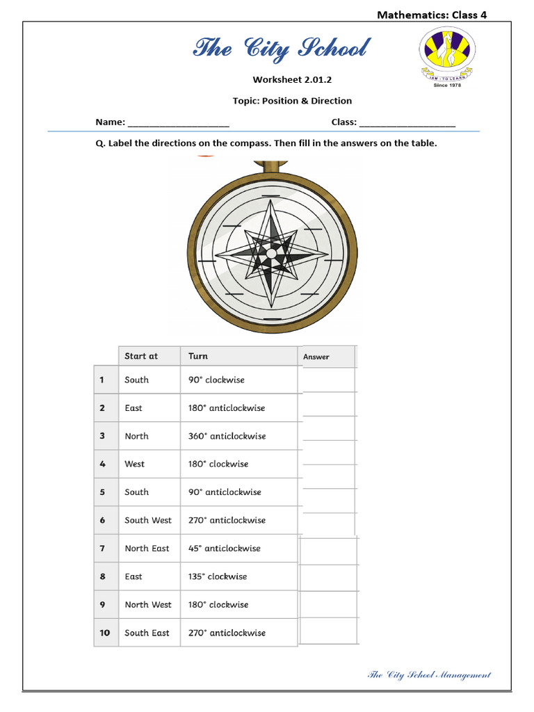 Grade 4 Position & Direction Worksheet | PDF