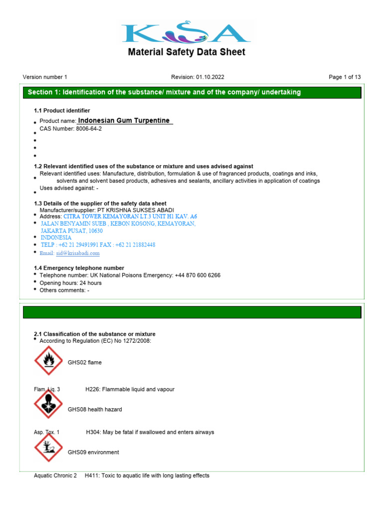 Updated MSDS Indonesian Gum Turpentine (KSA) | PDF | Toxicity | Combustion
