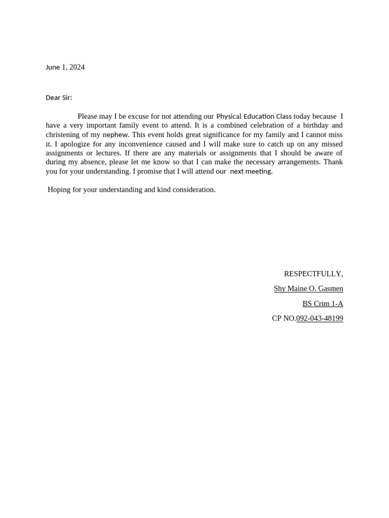 Shy Maine - Excuse Letter On June 1 | PDF