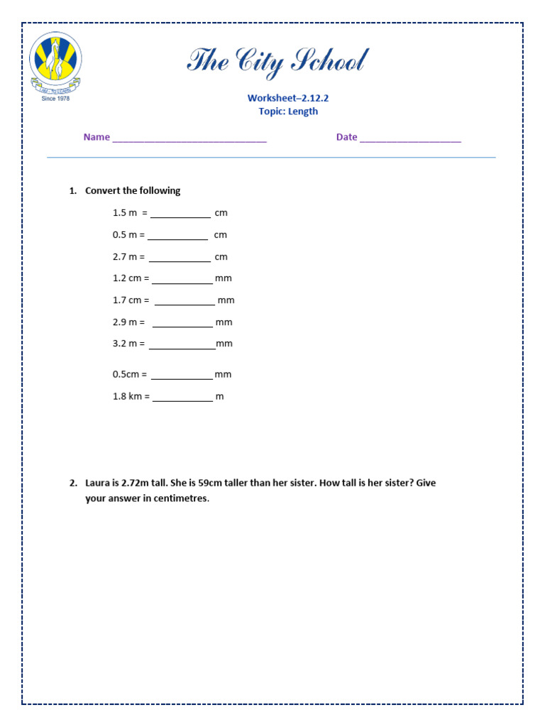 Length WS 2 Mathematics Class 4 | PDF