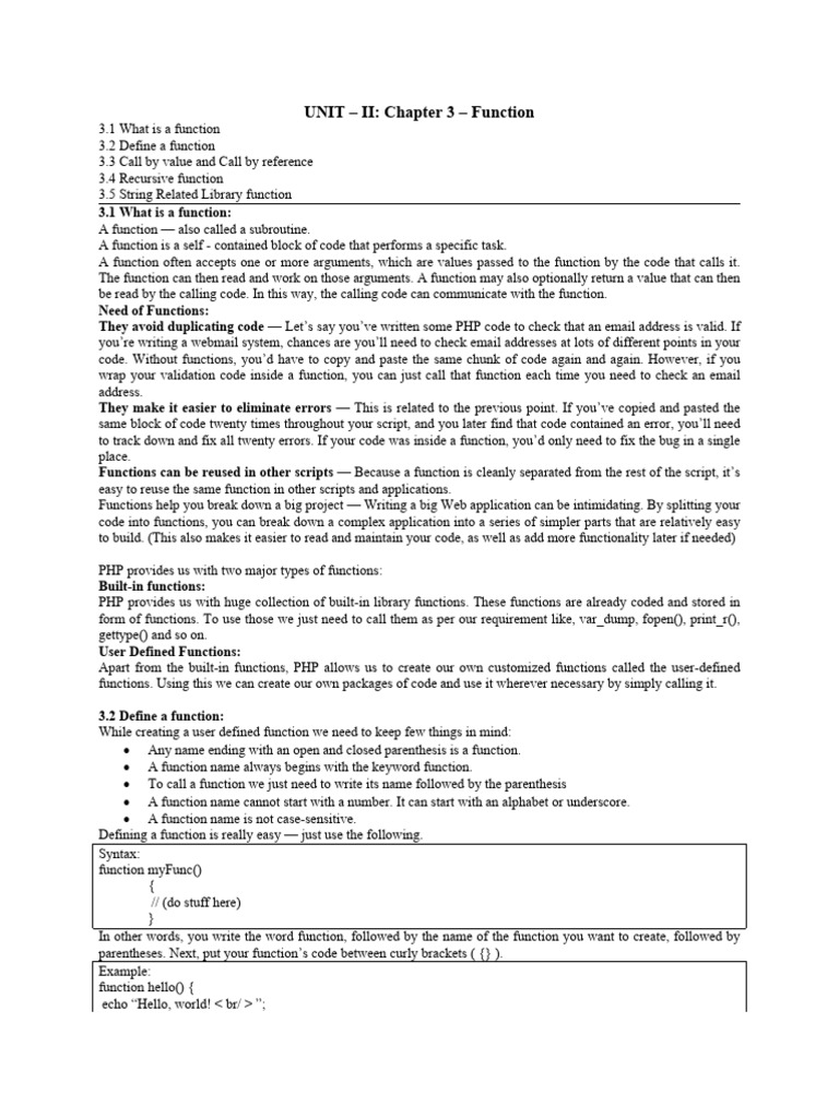 UNIT - II Chapter 3 - Function | PDF | Parameter (Computer Programming) | Php