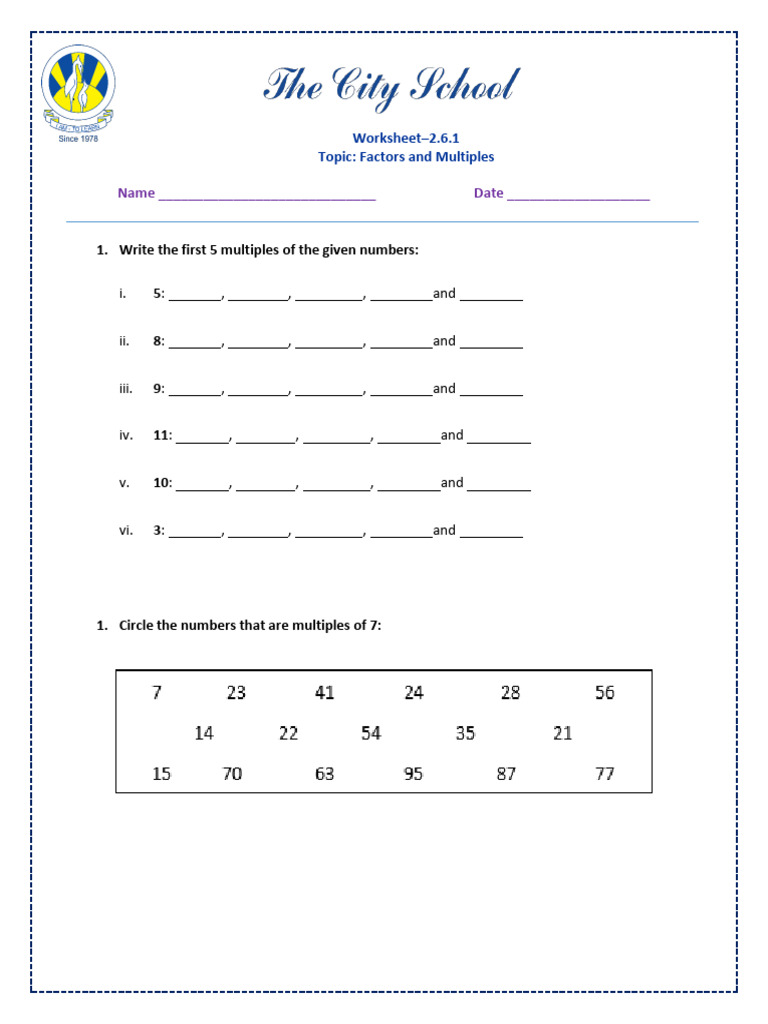 Factors and Multiples WS 1 Mathematics Class 4 | PDF