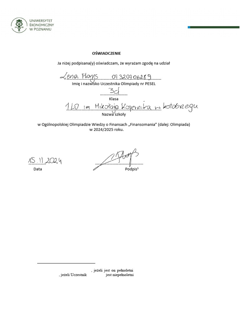 Zalacznik Do Regulaminu Oswiadczenie Zgoda Na Udzial I Zgoda RODO | PDF