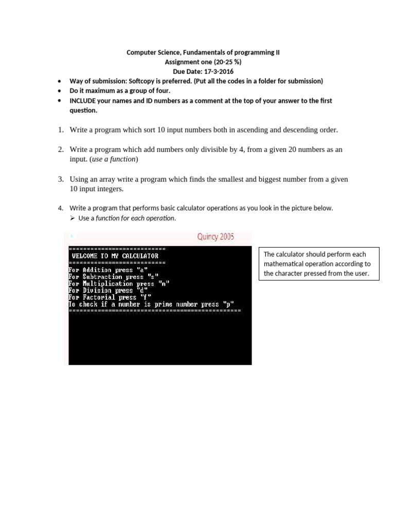 Use A Function: 4. Write A Program That Performs Basic Calculator Operations As You Look in The ...