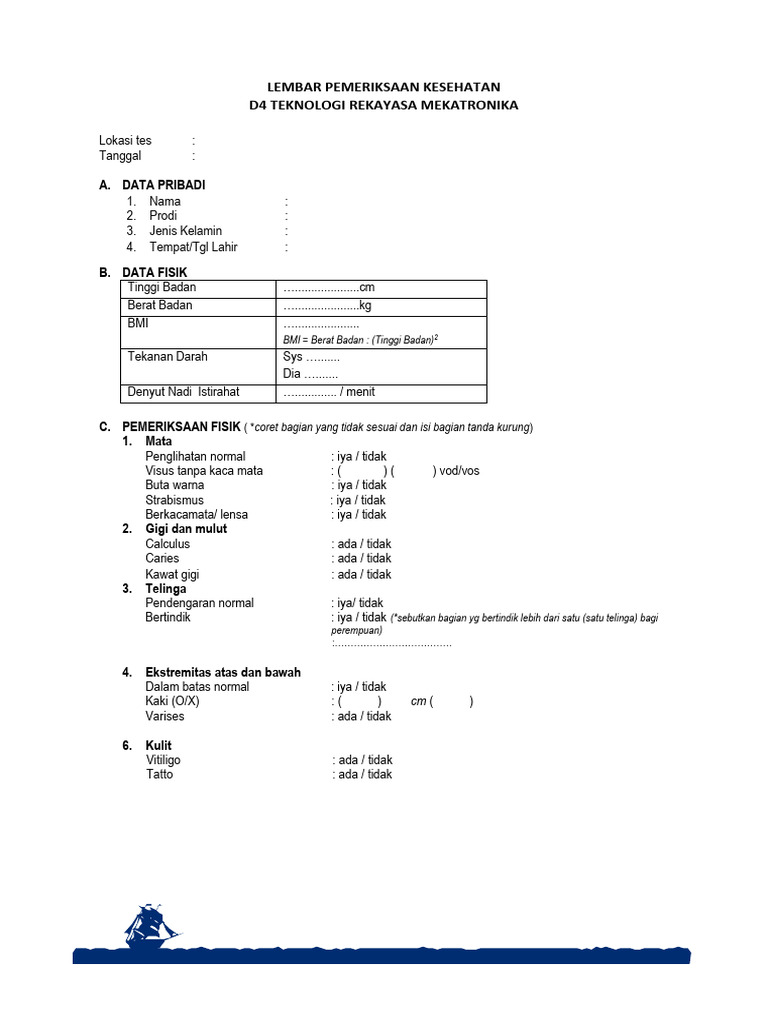 Lampiran V - Lembar Pemeriksaan Kesehatan D4 Teknologi Rekayasa ...